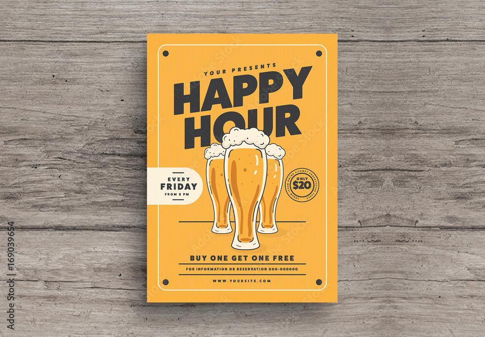 Hand Drawn Style Happy Hour Flyer Layout Stock Template | Adobe Stock
