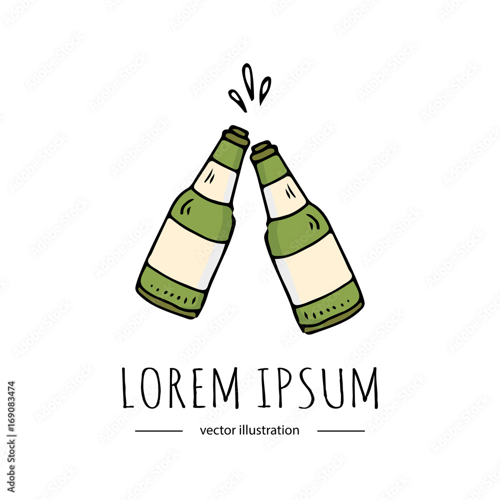 Hand drawn doodle two glass beer bottles icon with splashes. Vector ...