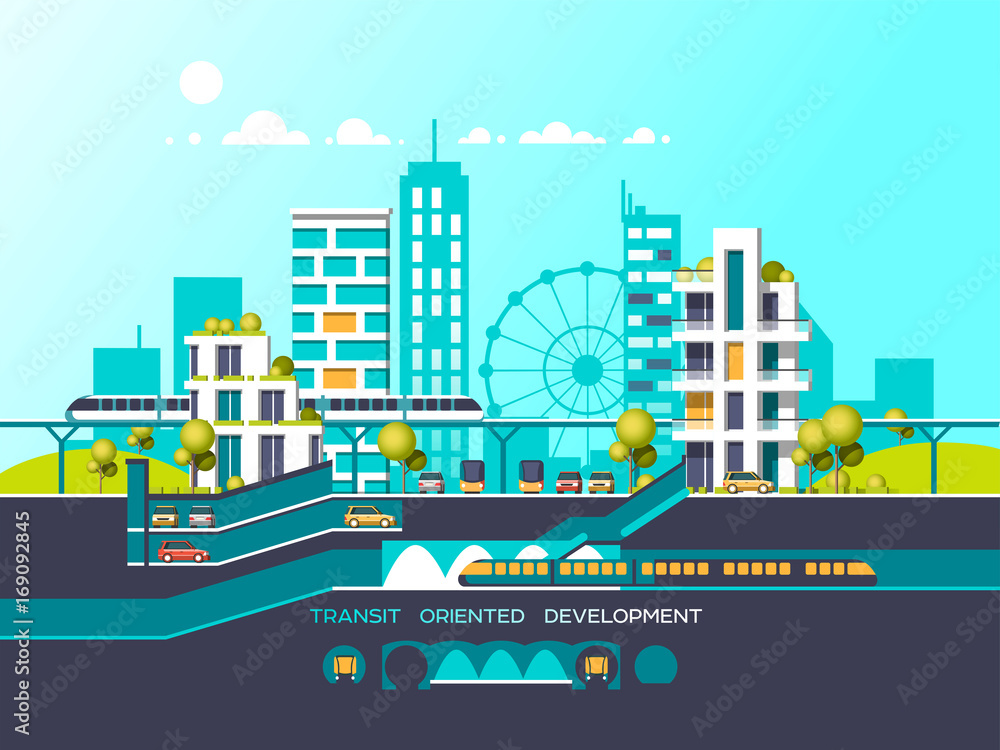 Flat illustration with city landscape. Transport mobility and smart ...