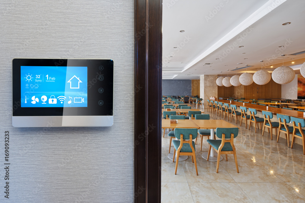 smart screen on wall with modern cafeteria Stock Photo | Adobe Stock