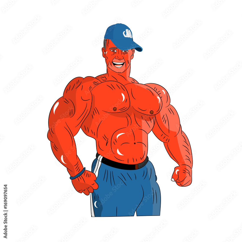 Strong tanned man macho in a cap, cartoon on a white background. Stock ...