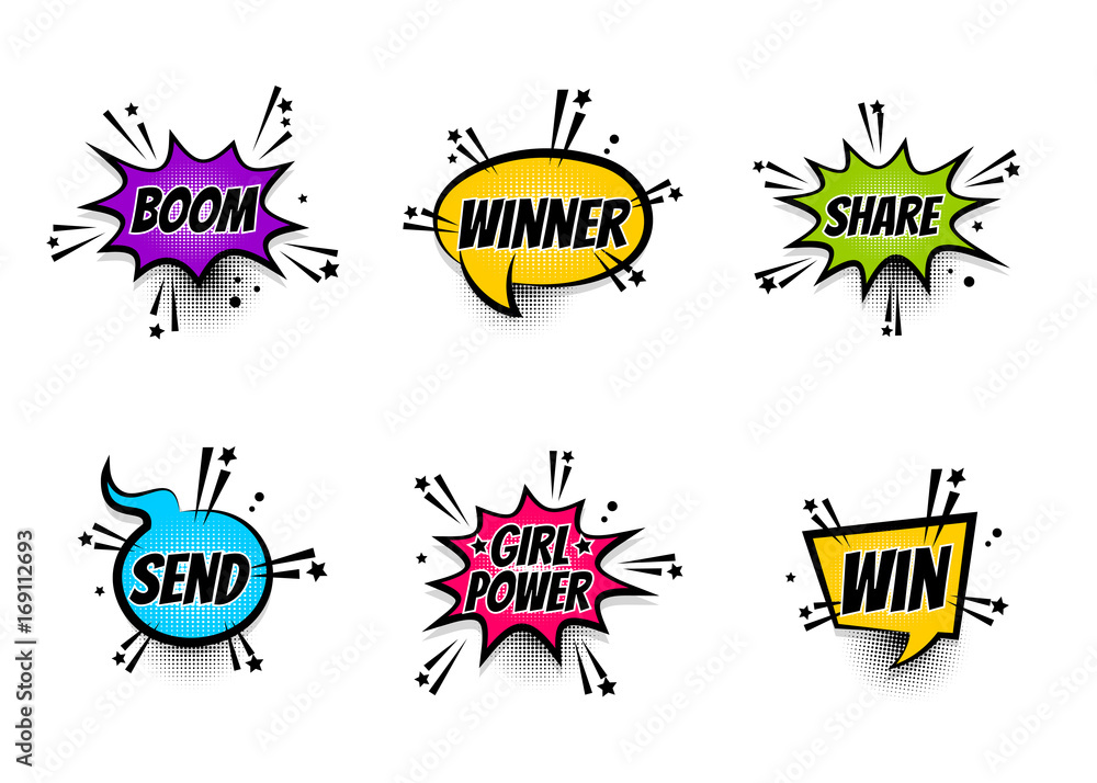 Lettering Girl power, winner, boom, share. Set comics book balloon ...