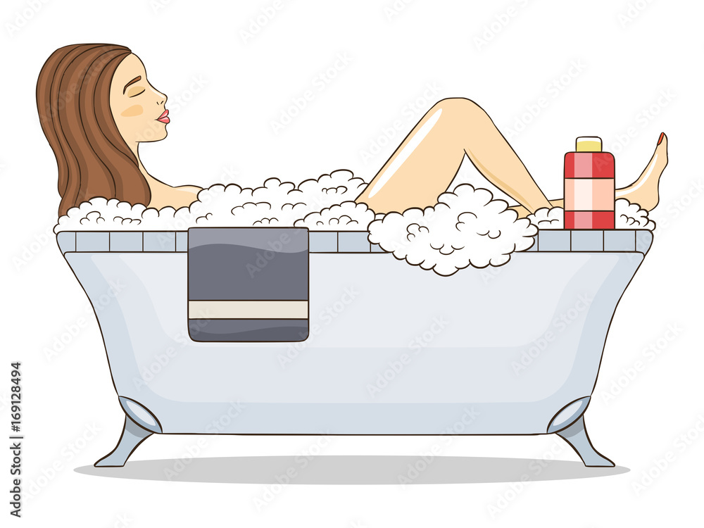 Cute Woman Taking Bubble Bath Hand Drawn Illustration On White