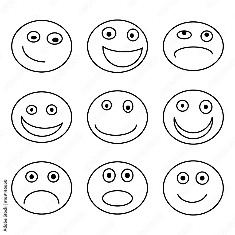 Emotion icon set, black isolated on white background, vector ...