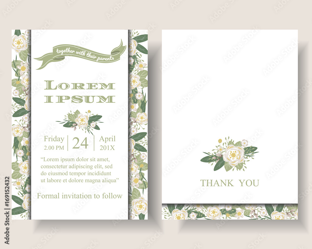 Romantic Flowers Botanical Wedding Invitation Card.Front and Back.For ...