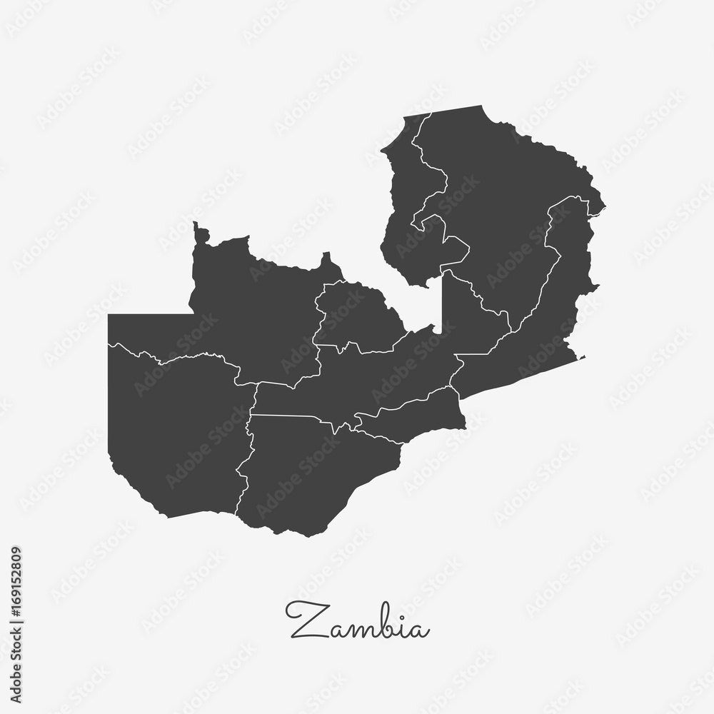 Zambia region map: grey outline on white background. Detailed map of ...