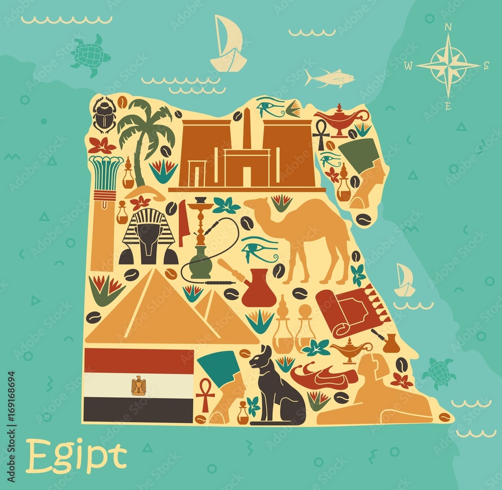 Map of Egypt with traditional symbols Stock Vector | Adobe Stock