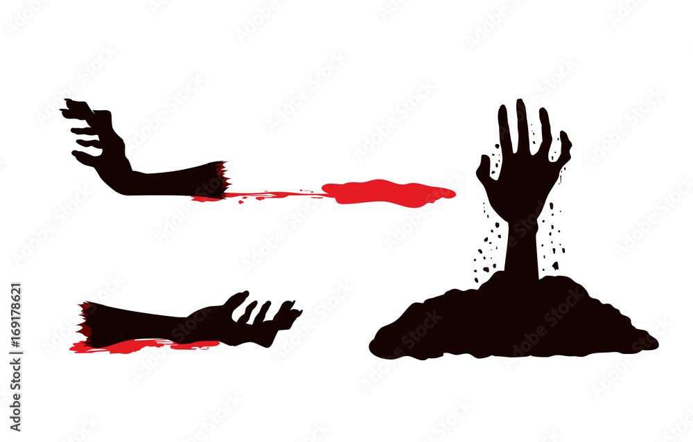 Zombie hand with blood bleeding and out of grave. Illustration in 3 ...
