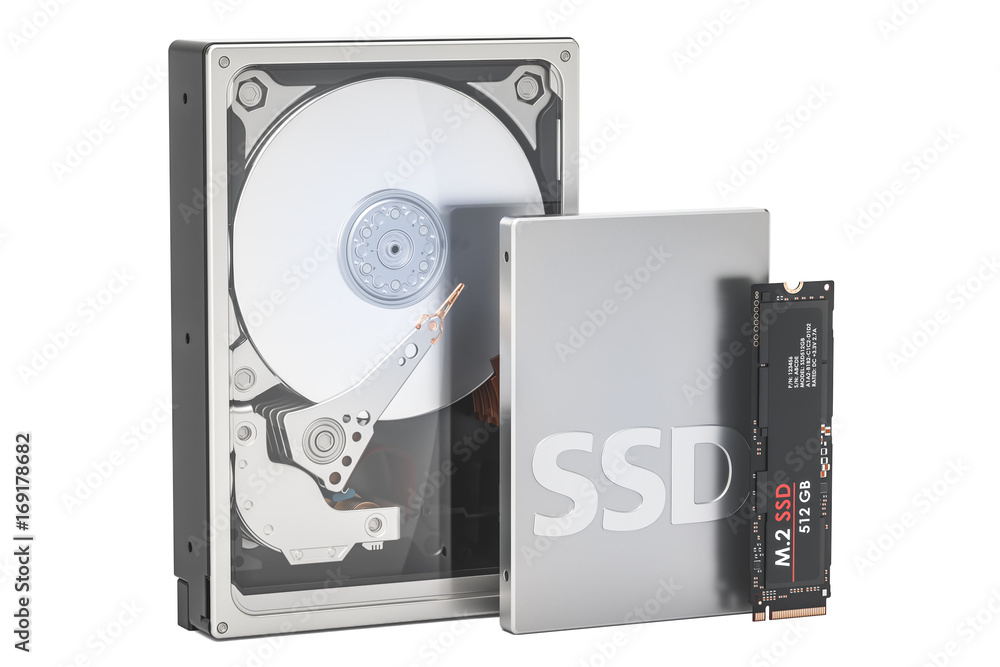 Solid state drive SSD, Hard Disk Drive HDD and M2 SSD, 3D rendering ...