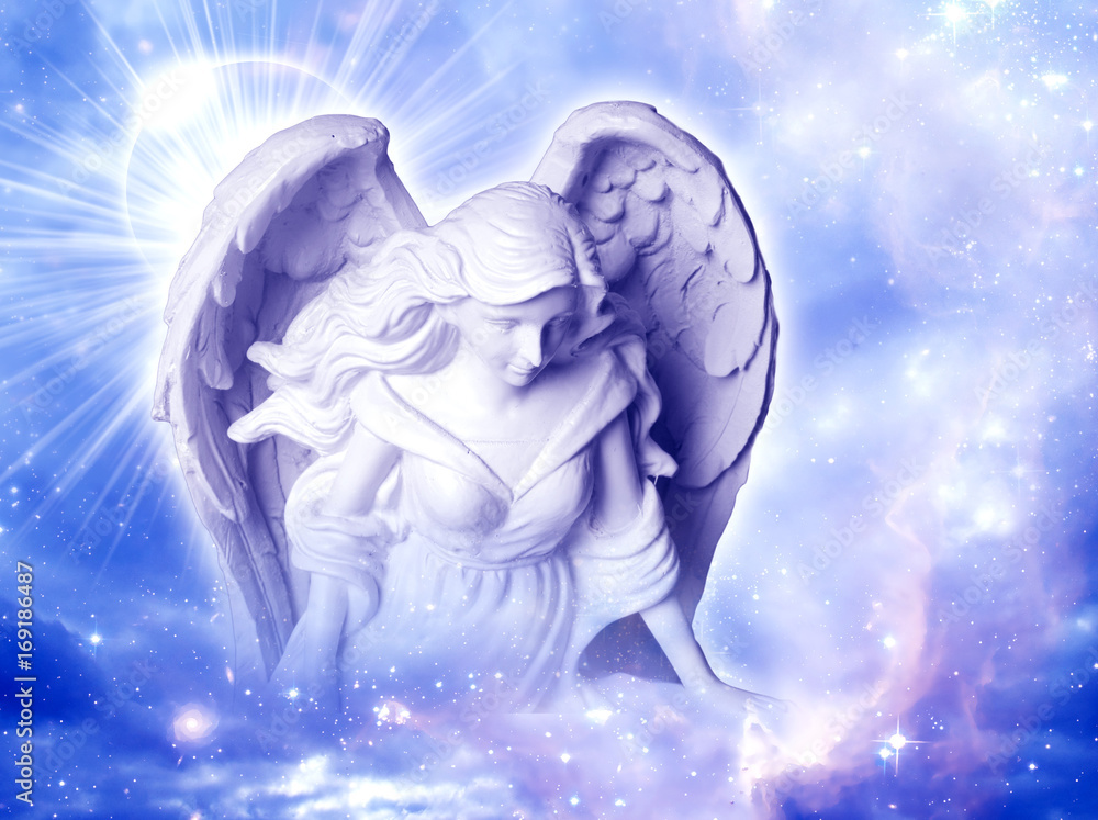Angel archangel Ariel or Gabriel or Haniel over blue sky with divine ...