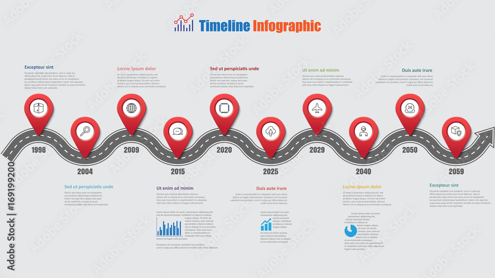 Poster Road map business timeline infographic with 10 step pins ...