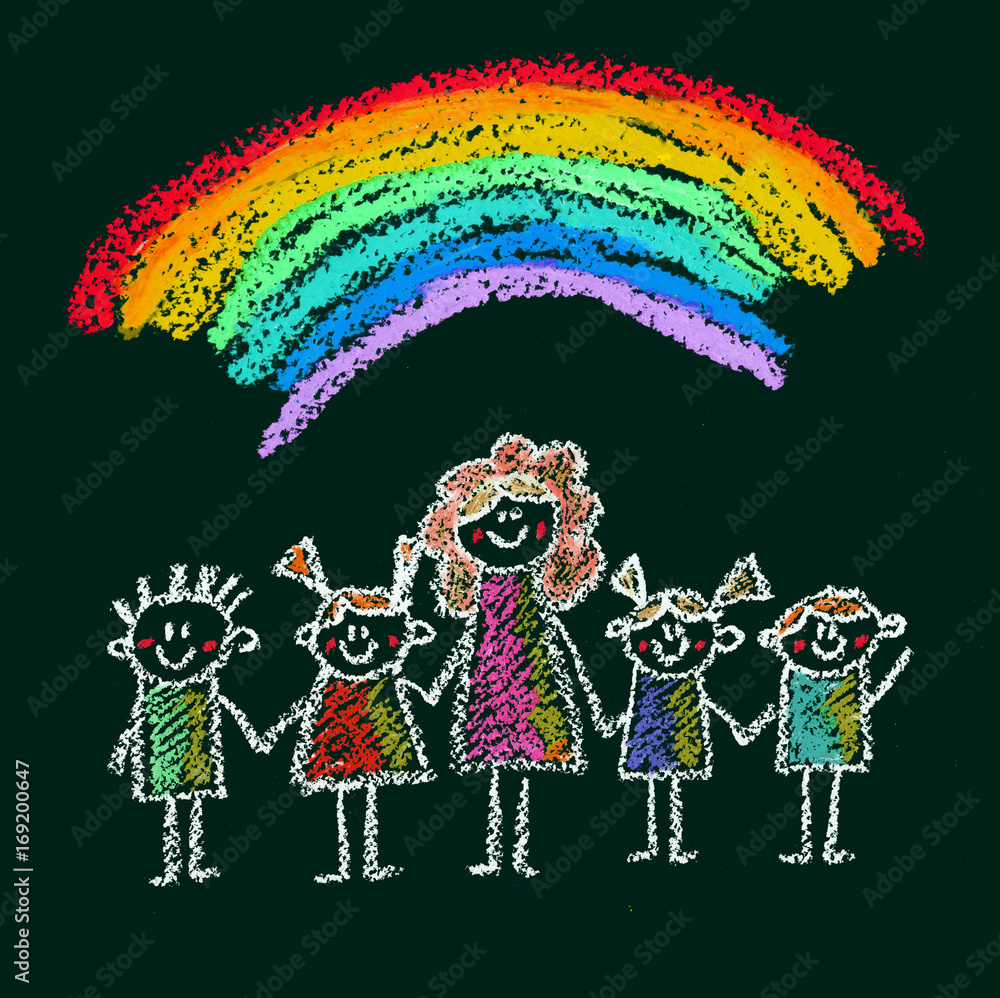 Teacher with small children Crayon drawing Kids drawing style Chalk ...