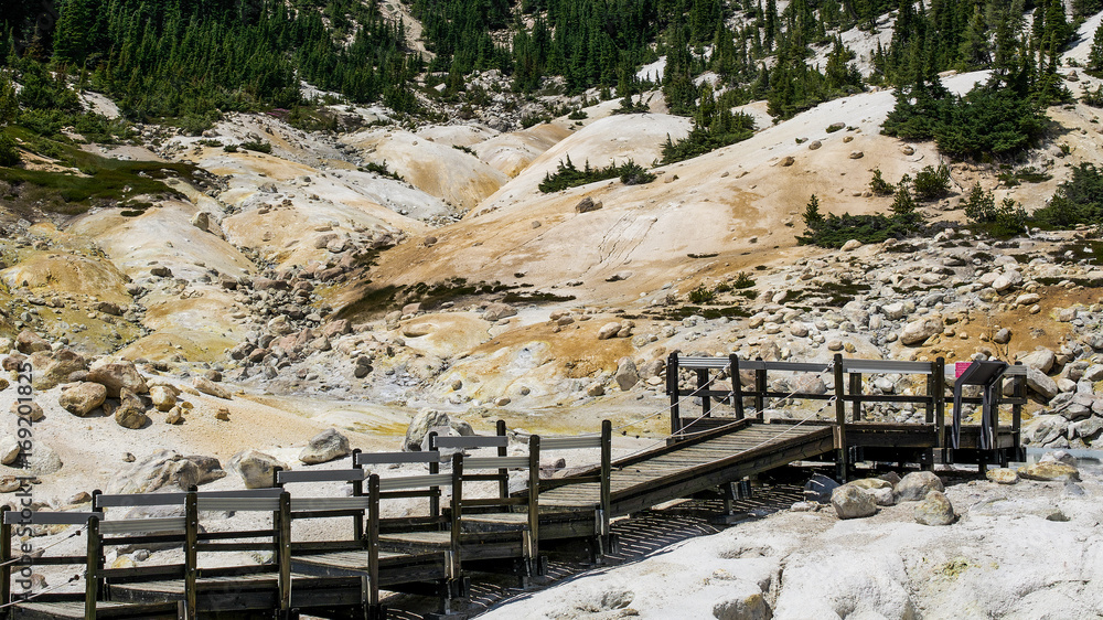 Boardwalk at Bumpass Hell, Lassen Volcanic National Park, USA. This is ...
