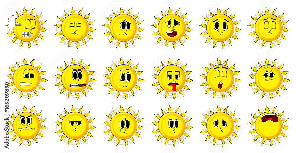 Cartoon sun collection with sad faces. Expressions vector set. Stock ...