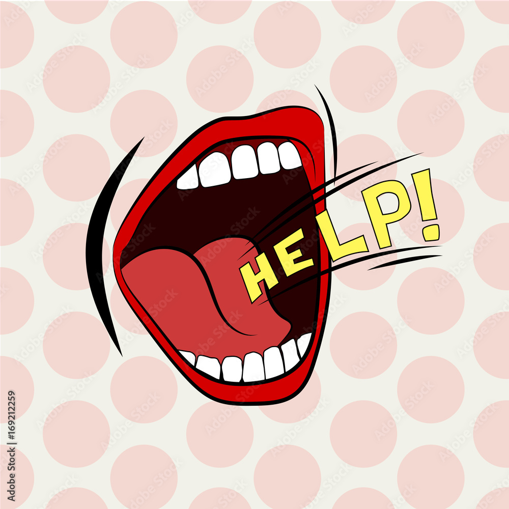 Cartoon mouth loud help. Stylish colored design. Scream, shout, cry ...