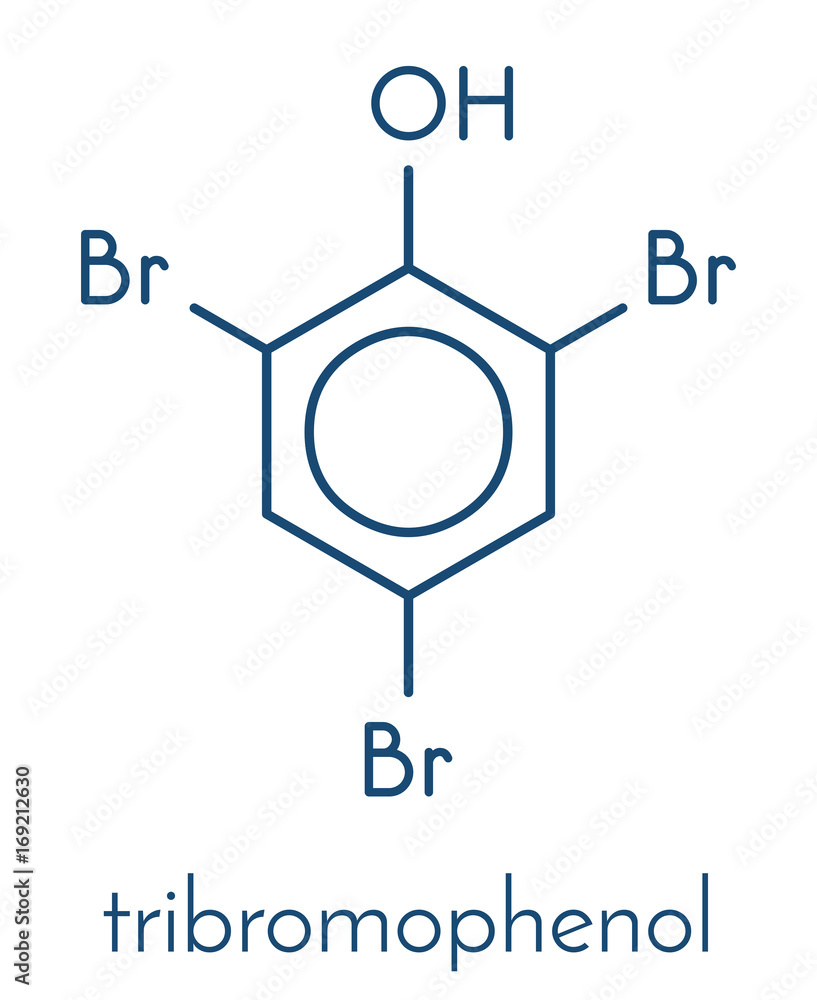 Tribromophenol (TBP, 2,4,6-Tribromophenol) molecule. Used as fungicide ...