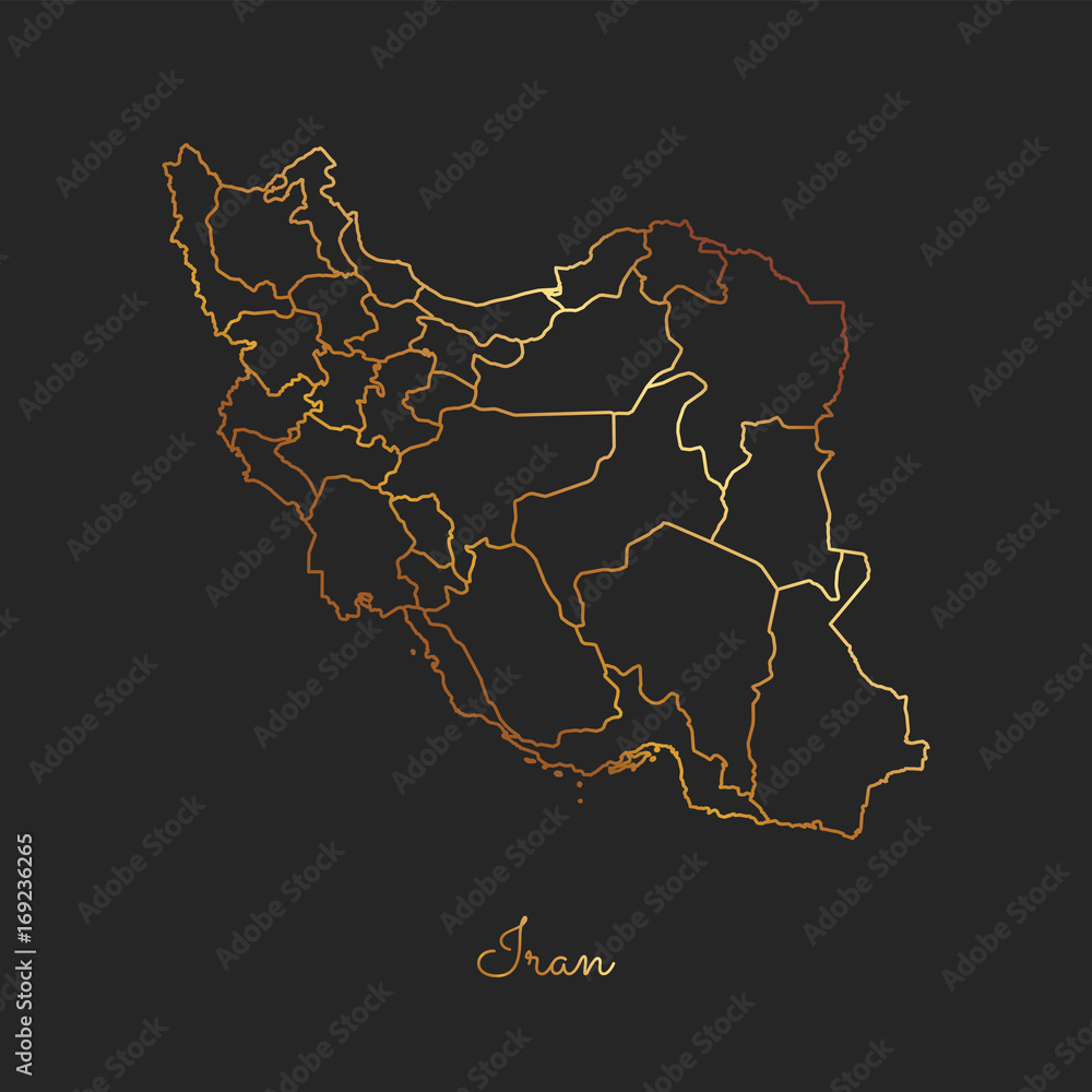 Iran region map: golden gradient outline on dark background. Detailed ...