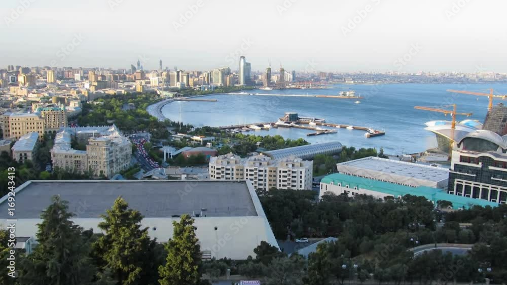 Top View of a Big City by the Sea. Day to Night. Baku, Azerbaijan. Time ...