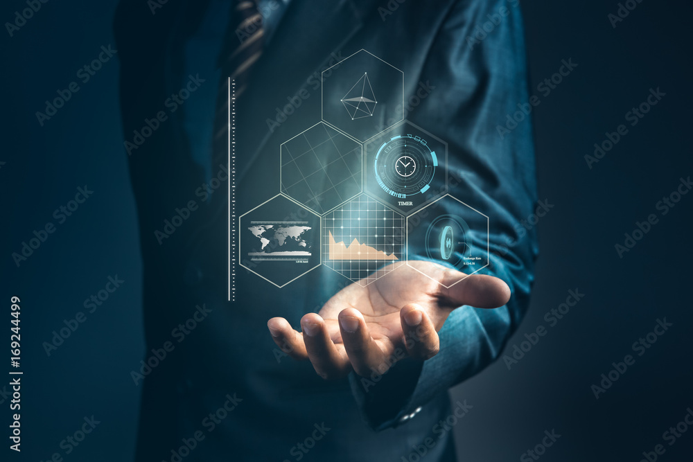 Businessman is holding to analyze marketing share information on ...