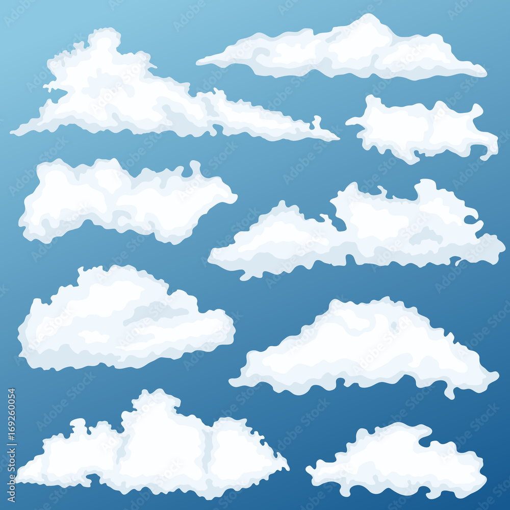 Cartoon cloud vector set. Clouds on a background of dawn. Stock Vector ...