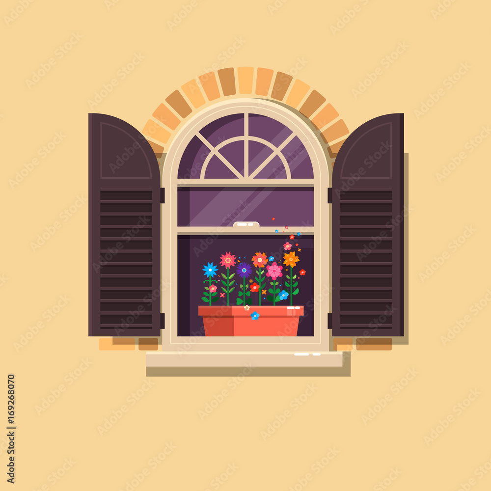 Vector window with brown shutters and flower pots on a brick wall ...