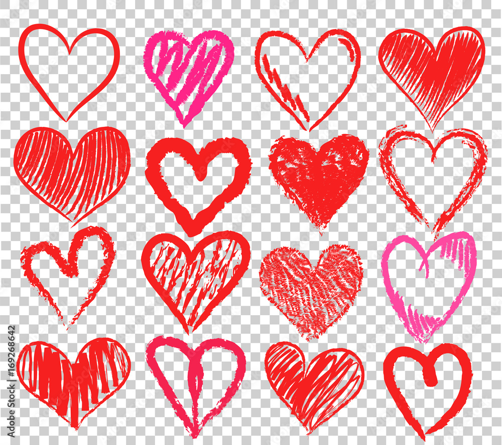 Set of hand draw red and pink heart symbol on transparent background ...
