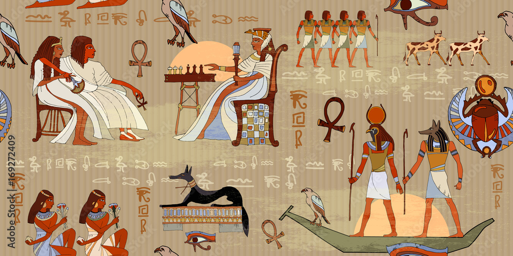 Egyptian gods and pharaohs seamless pattern. Murals ancient Egypt ...