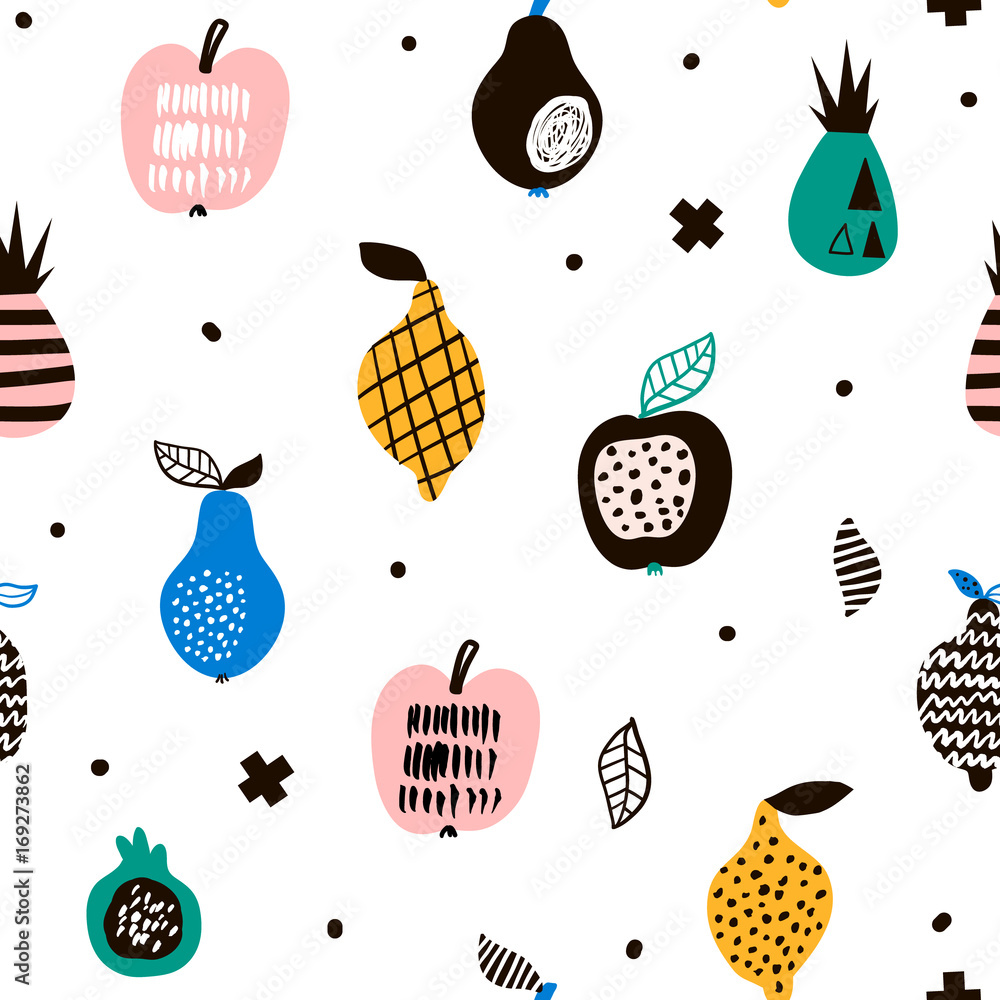 Seamless pattern with creative modern fruits. Hand drawn trendy ...