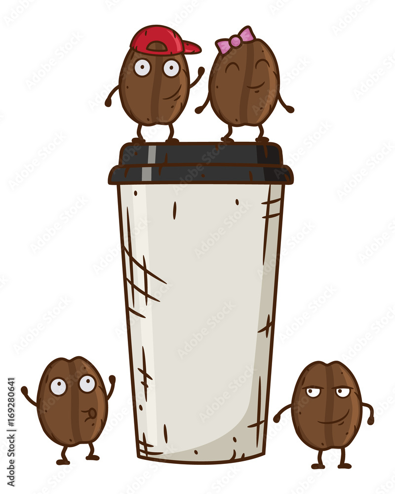 Vector illustration of coffee bean character with coffee cup. Cartoon ...