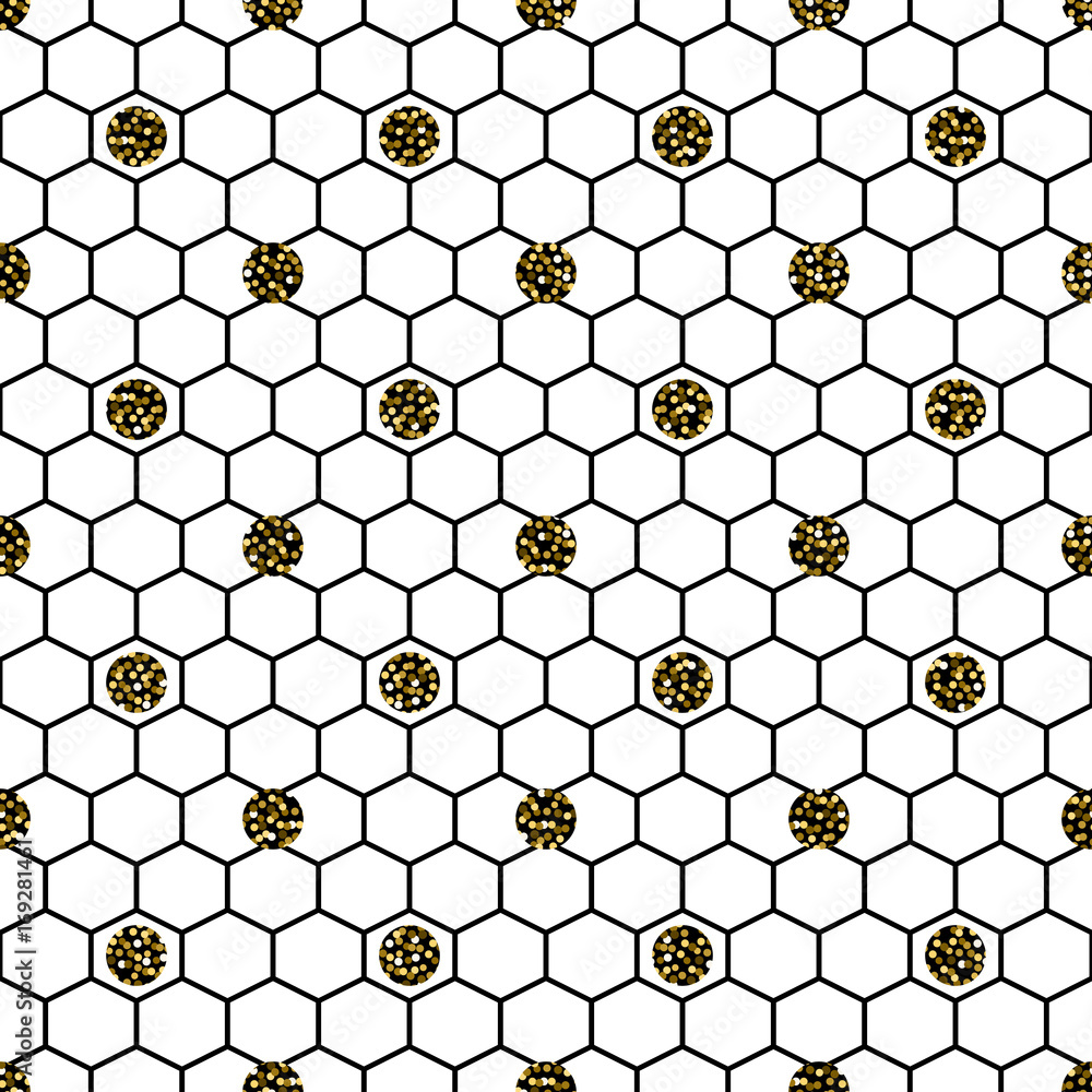 Hexagon grid cells glitter polka vector seamless pattern. Hexagonal ...