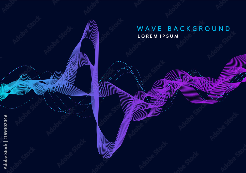 Abstract background with dynamic particle sound waves. Wave of musical ...