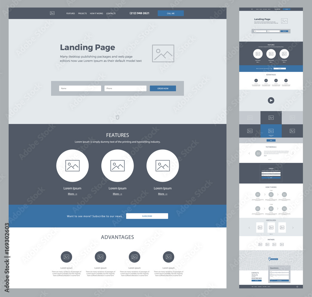 One page design template for business. Landing page wireframe. Ux ui ...