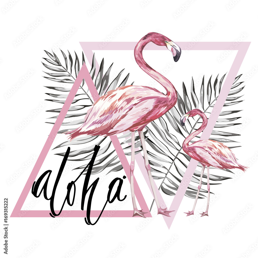 Word- Aloha. Two flamingos with tropical leaves. Element for design of ...