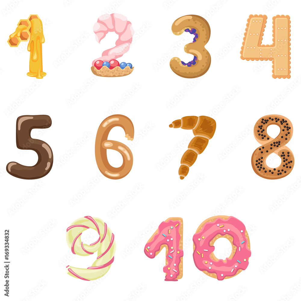 Numbers like sweets and buns / Solid fill vector cartoon illustration ...