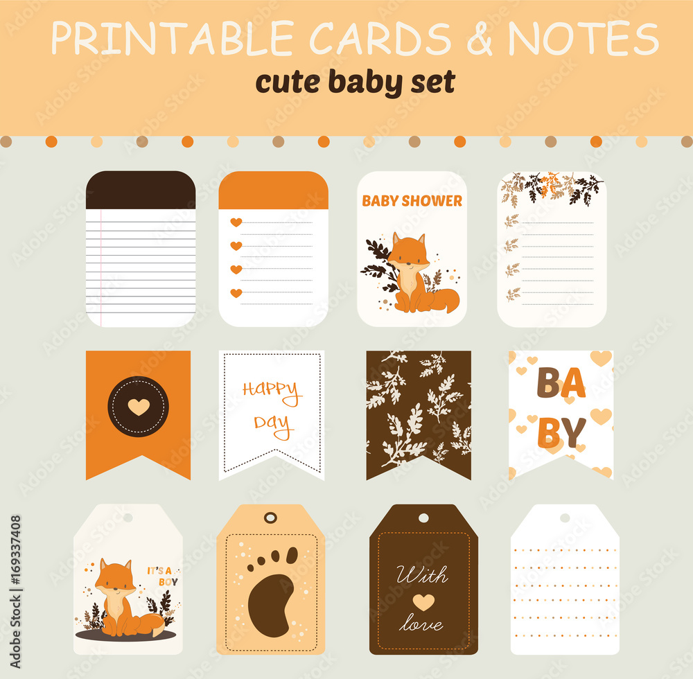 Printable cards & notes cute baby set Stock Vector | Adobe Stock