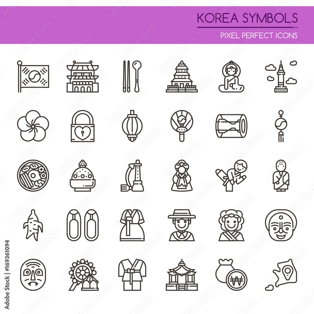 Korea Symbols , Thin Line and Pixel Perfect Icons. Stock Vector | Adobe ...