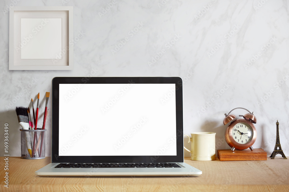 Mock up Laptop on Marble table with Blank screen laptop, dummy ...