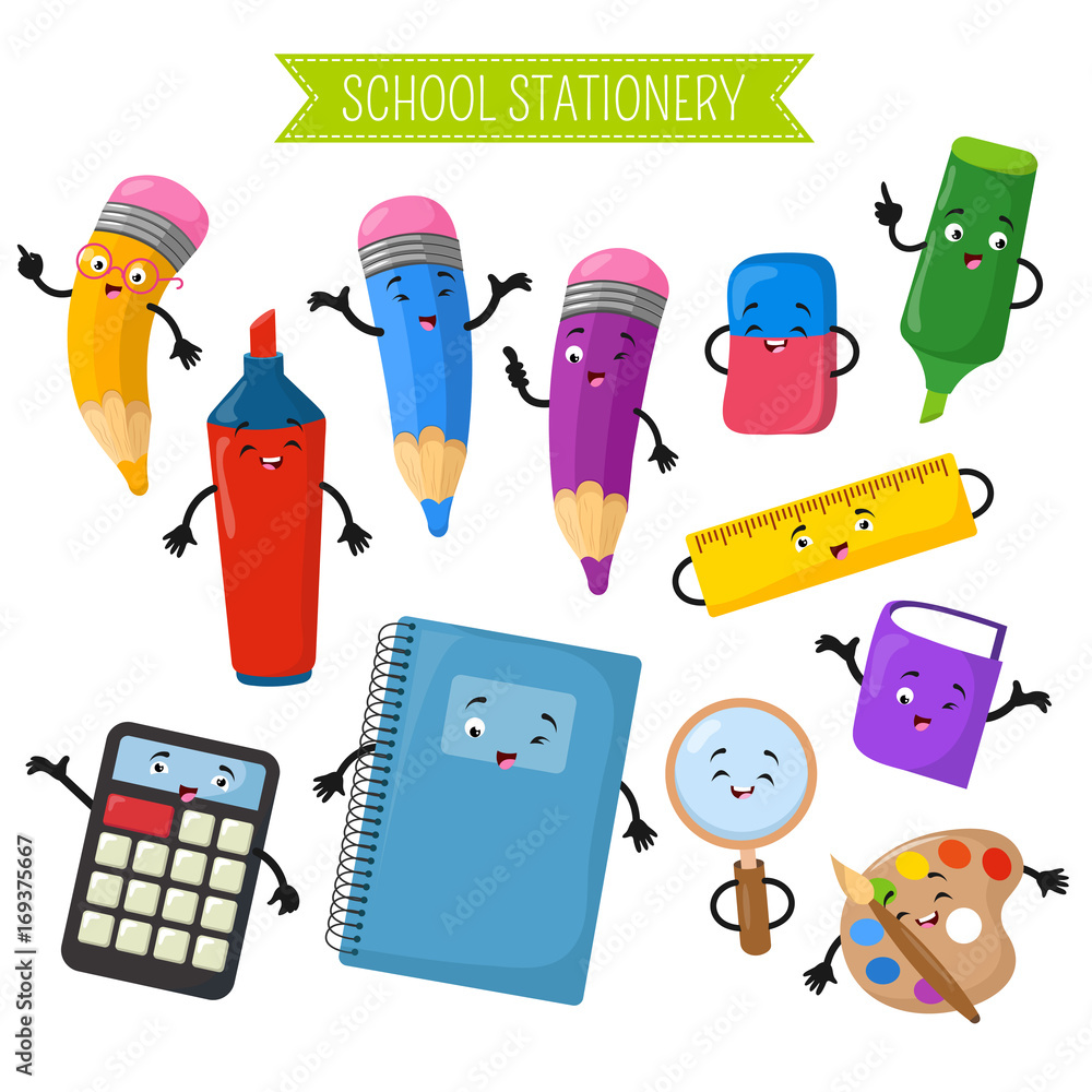 Cartoon 3d vector characters of school writing stationery Stock Vector ...