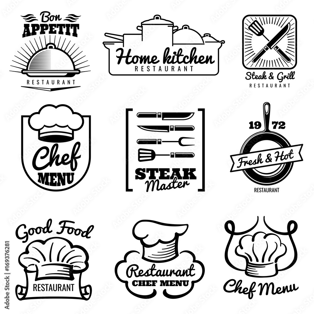 Restaurant vector vintage logo. Chef retro labels. Cooking in kitchen ...