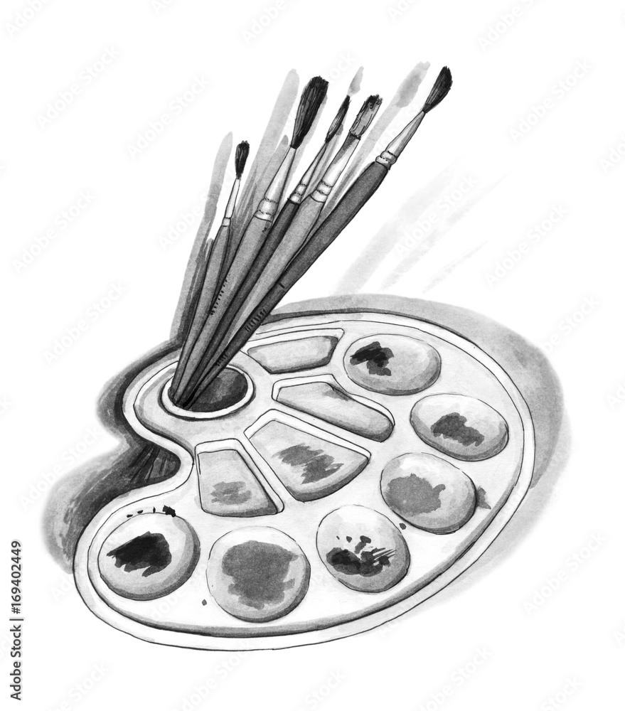 Рисунок тушь кистью "Палитра и кисти художника" Stock Illustration ...
