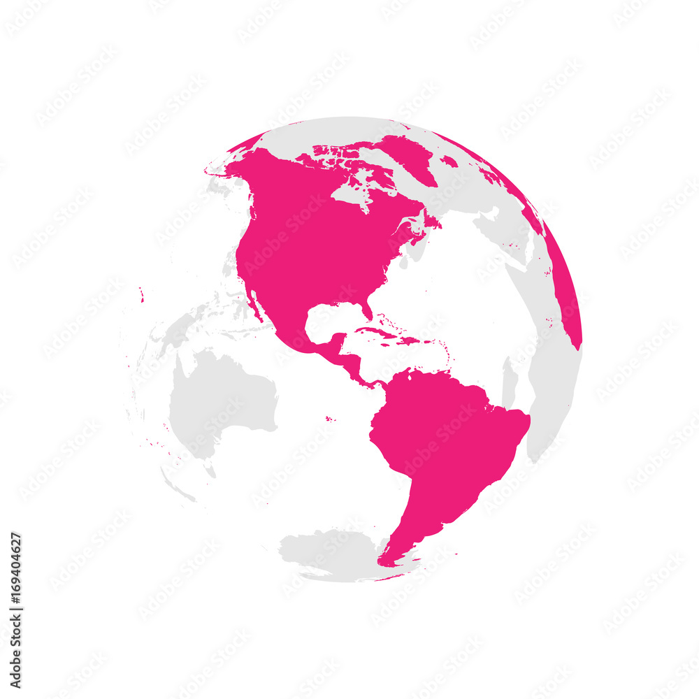 Earth globe with pink world map. Focused on Americas. Flat vector ...