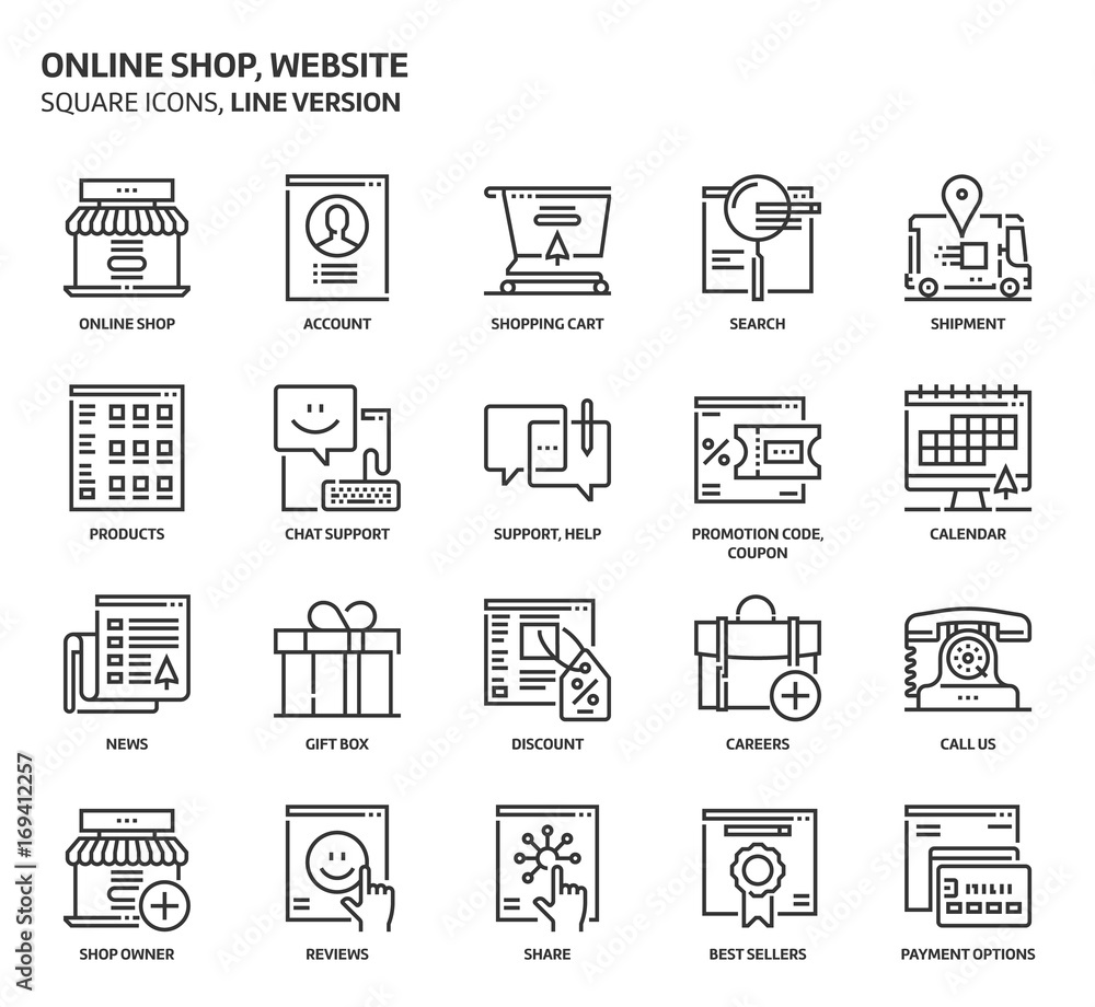 Website shop, square icon set Stock Vector | Adobe Stock
