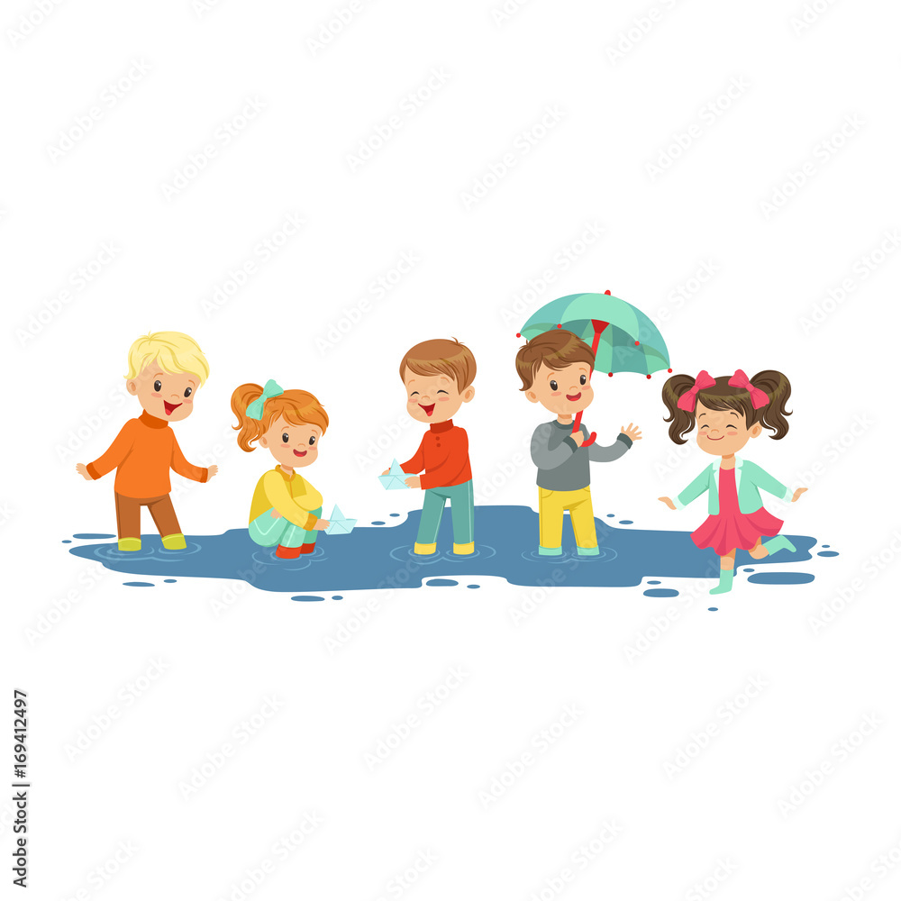 Kids Playing In The Rain Clipart
