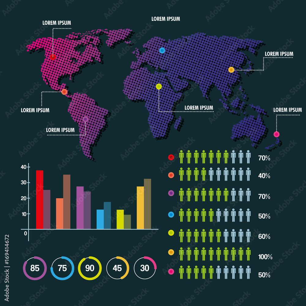 world map infographic demographic statistics presentation vector ...