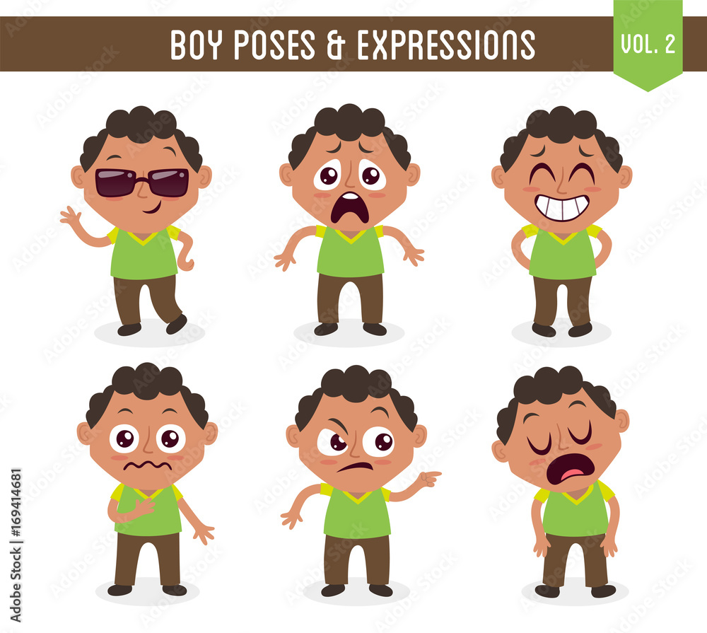 Character design set of a cute black boy in different poses. Cartoon ...
