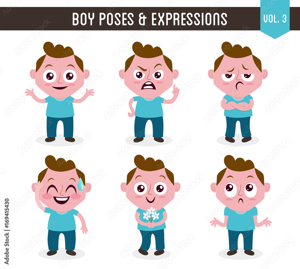 Character design set of a cute white boy in different poses. Cartoon ...