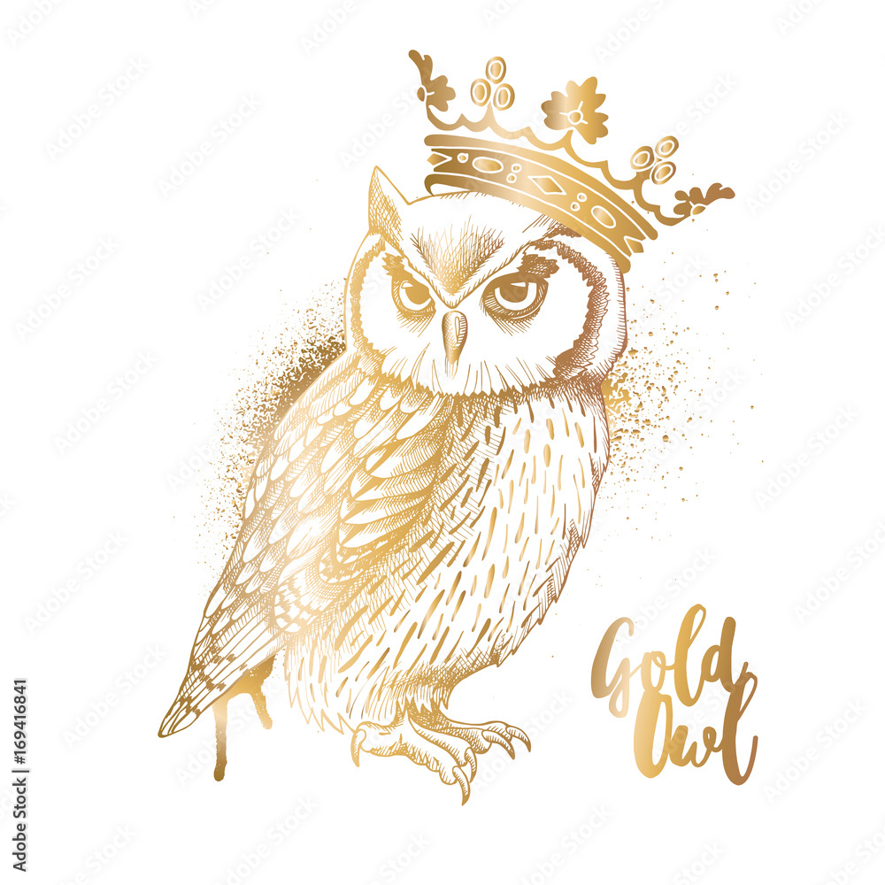 Gold Owl in a crown. Vector illustration. Stock Vector | Adobe Stock
