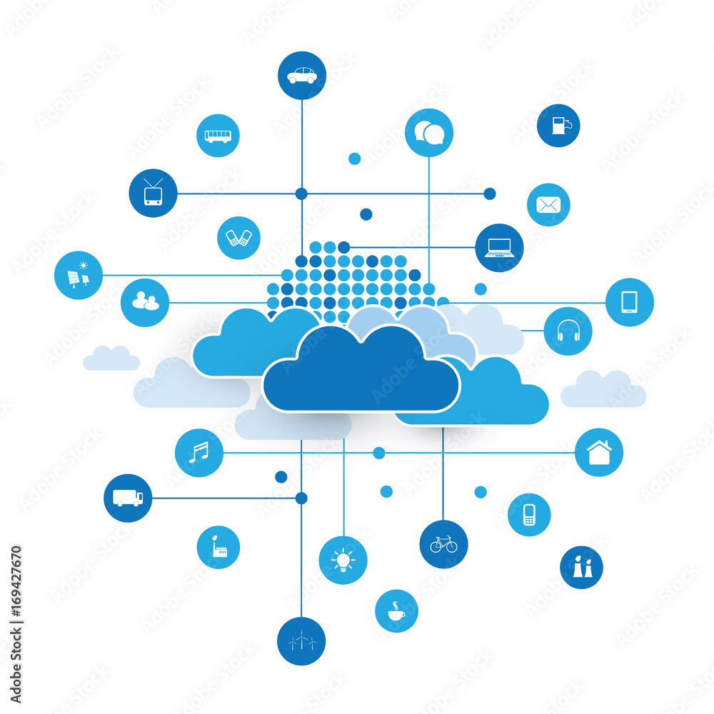 Cloud Computing, Networks Design Concept with Icons Representing Various Kinds of Digital ...