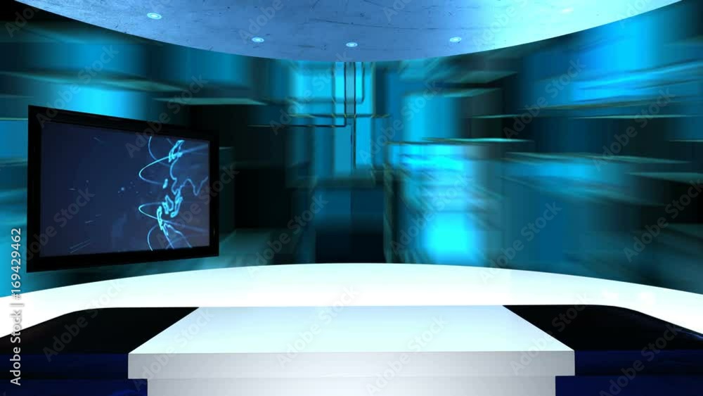 Virtual studio with a table and two TV screens. Virtual tv studio is ...