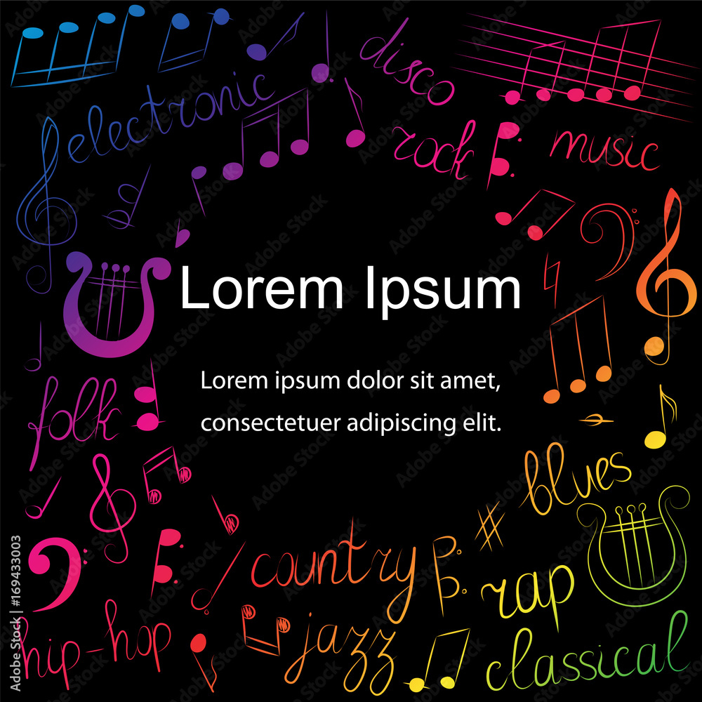 Colorful Hand Drawn Set of Music Symbols and Styles. Doodle Treble Clef ...